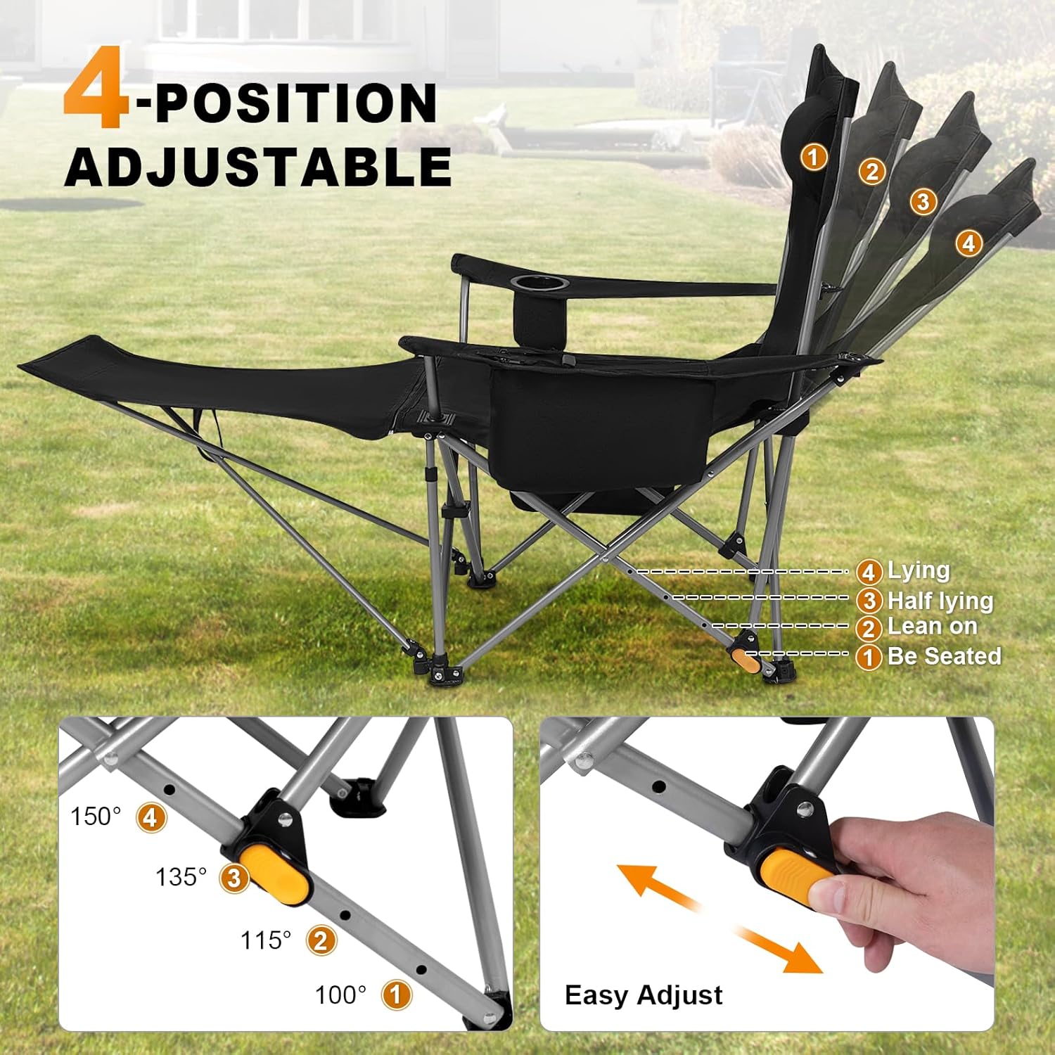 Romswi 4 Position Reclining Camping Chair with Footrest, Beach Lounger ...