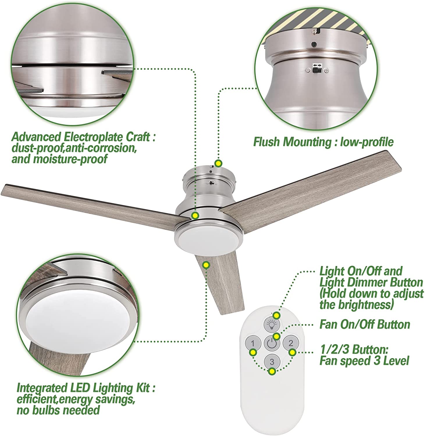 52 inch Flush Mount Ceiling Fan with LED Lights (Brushed Nickel) – Hykolity