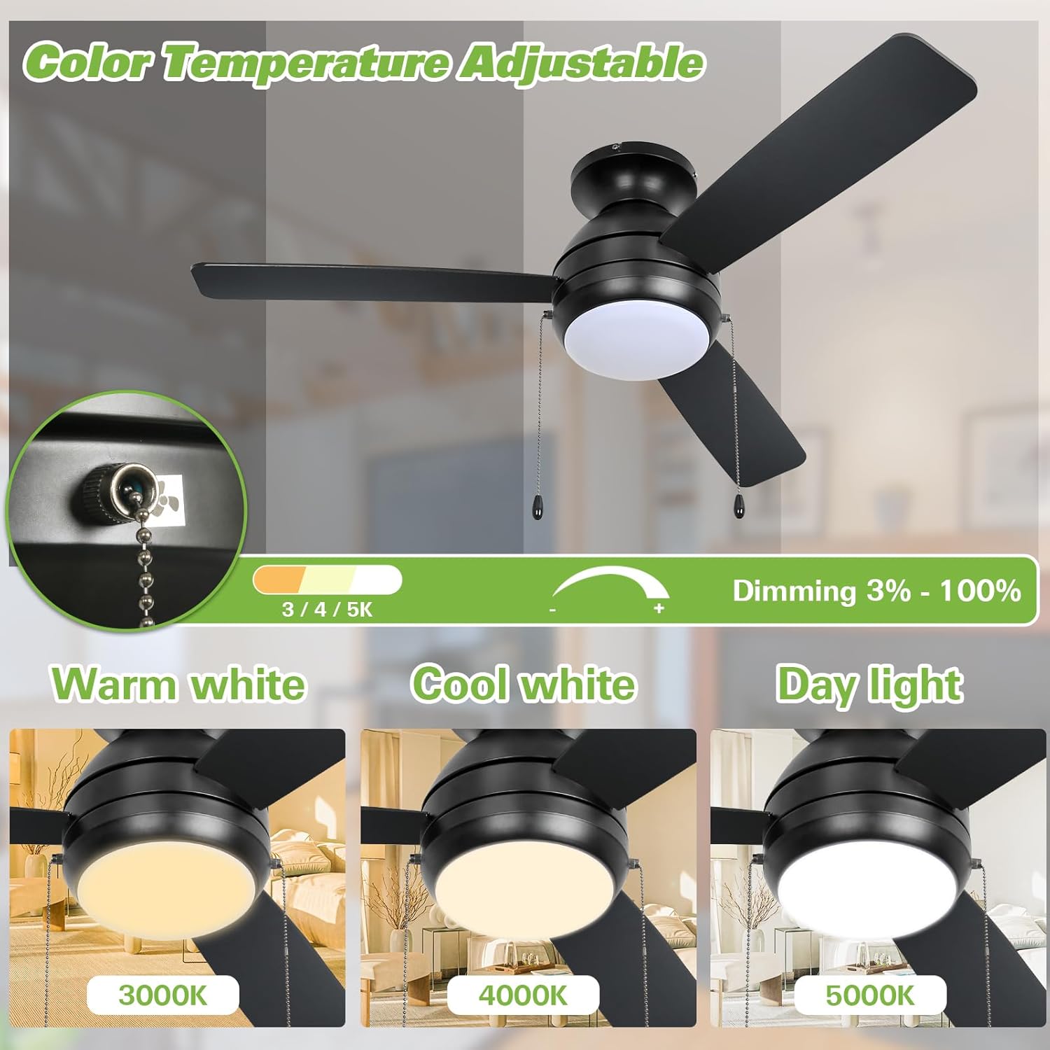 44 inch Flush Mount Ceiling Fan with LED Lights(3000K/4000K/6000K) Pul ...