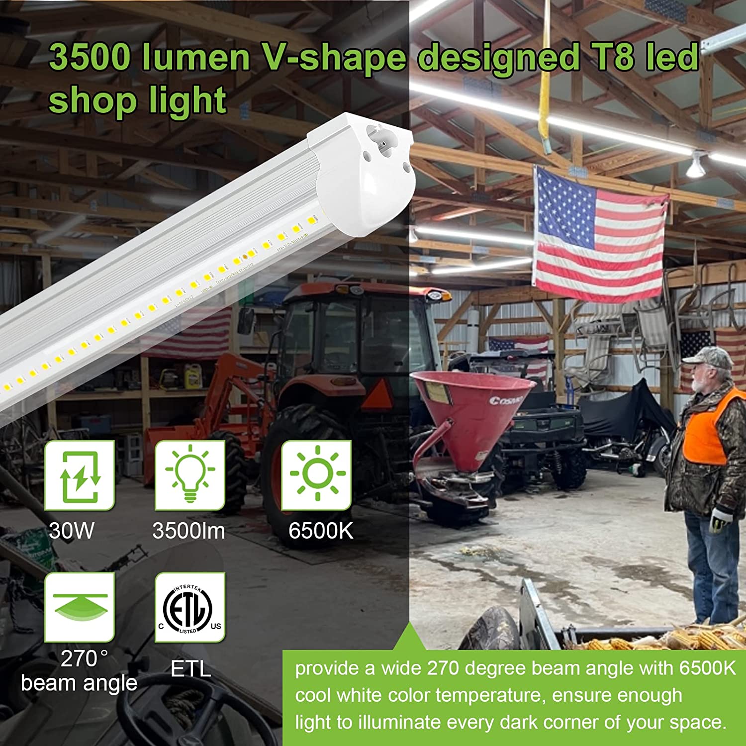 30W 2FT LED Tube Light, 3500LM 6500K, Linkable, V Shape Integrated T8 ...
