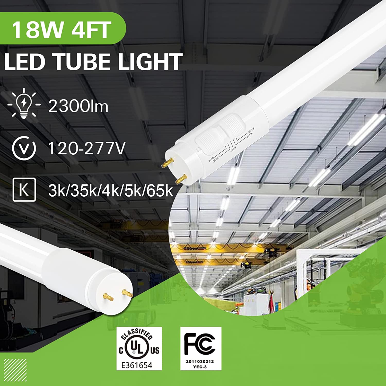 4FT LED T8 Ballast Bypass Type B Light Tube, 18W, 3000K/3500K/4000K/50 ...