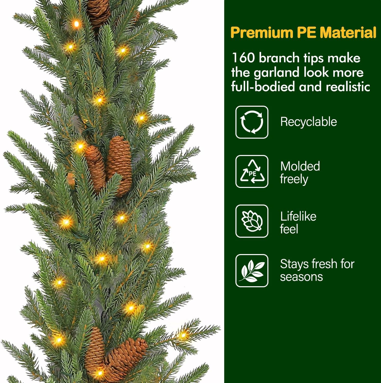 Hykolity 9 ft. PE Pre-lit Christmas Garland with 50 Warm White Lights,