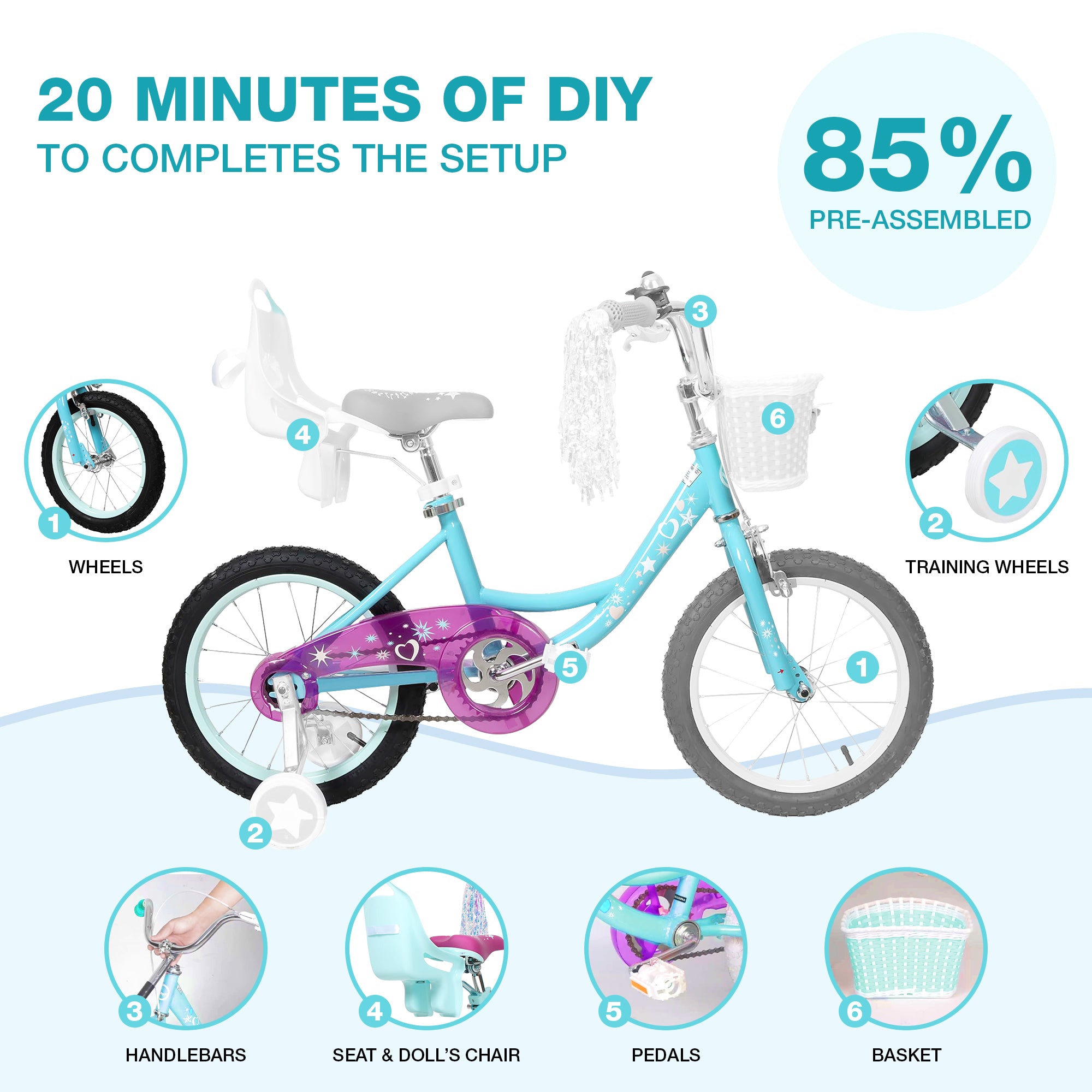 Hykolity 16 inch Girls Bike Princess Bicycle for Age 4-7 Years Old Rid