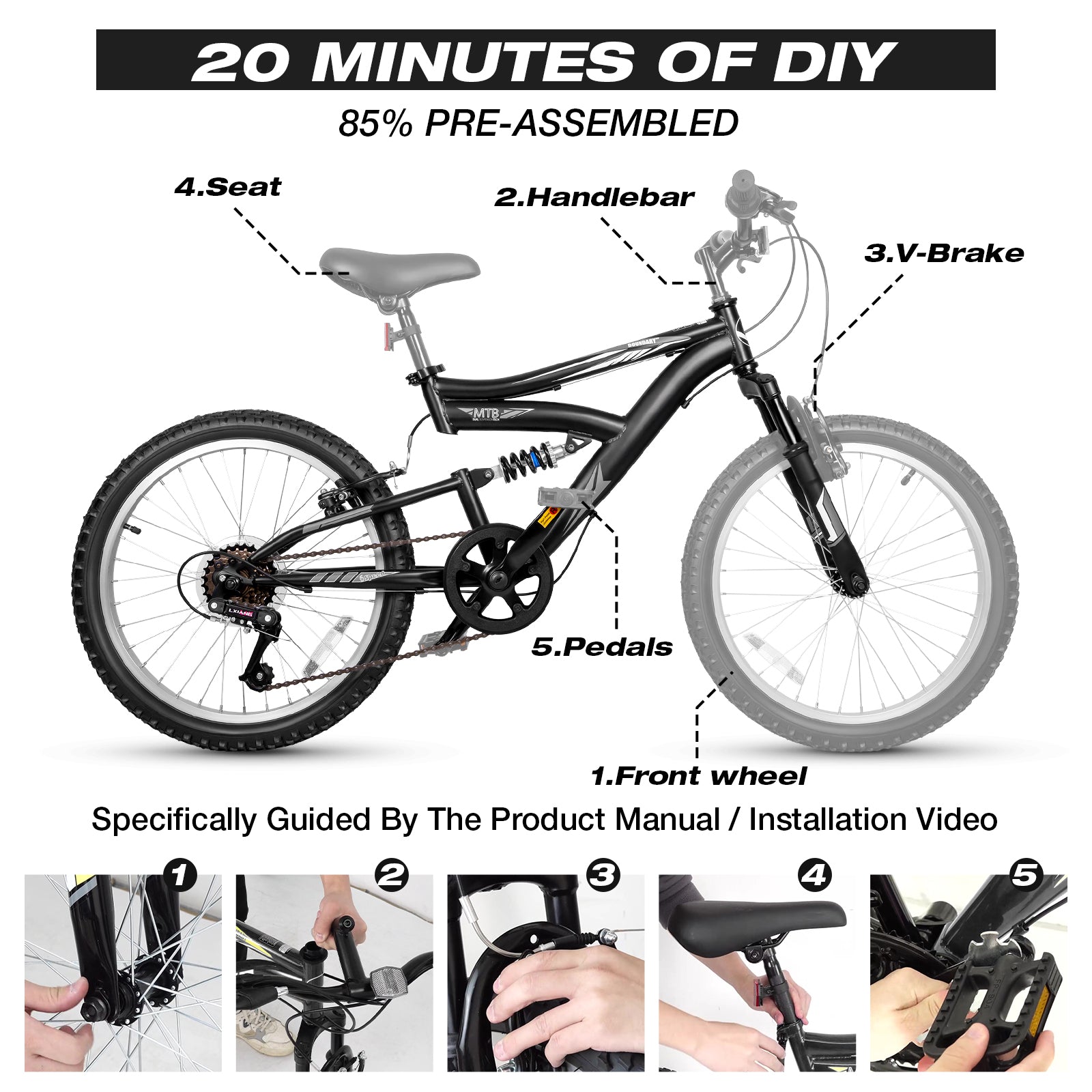 Hykolity Kids Mountain Bike 20 inch MTB Bicycle Age 6-12 Years Height