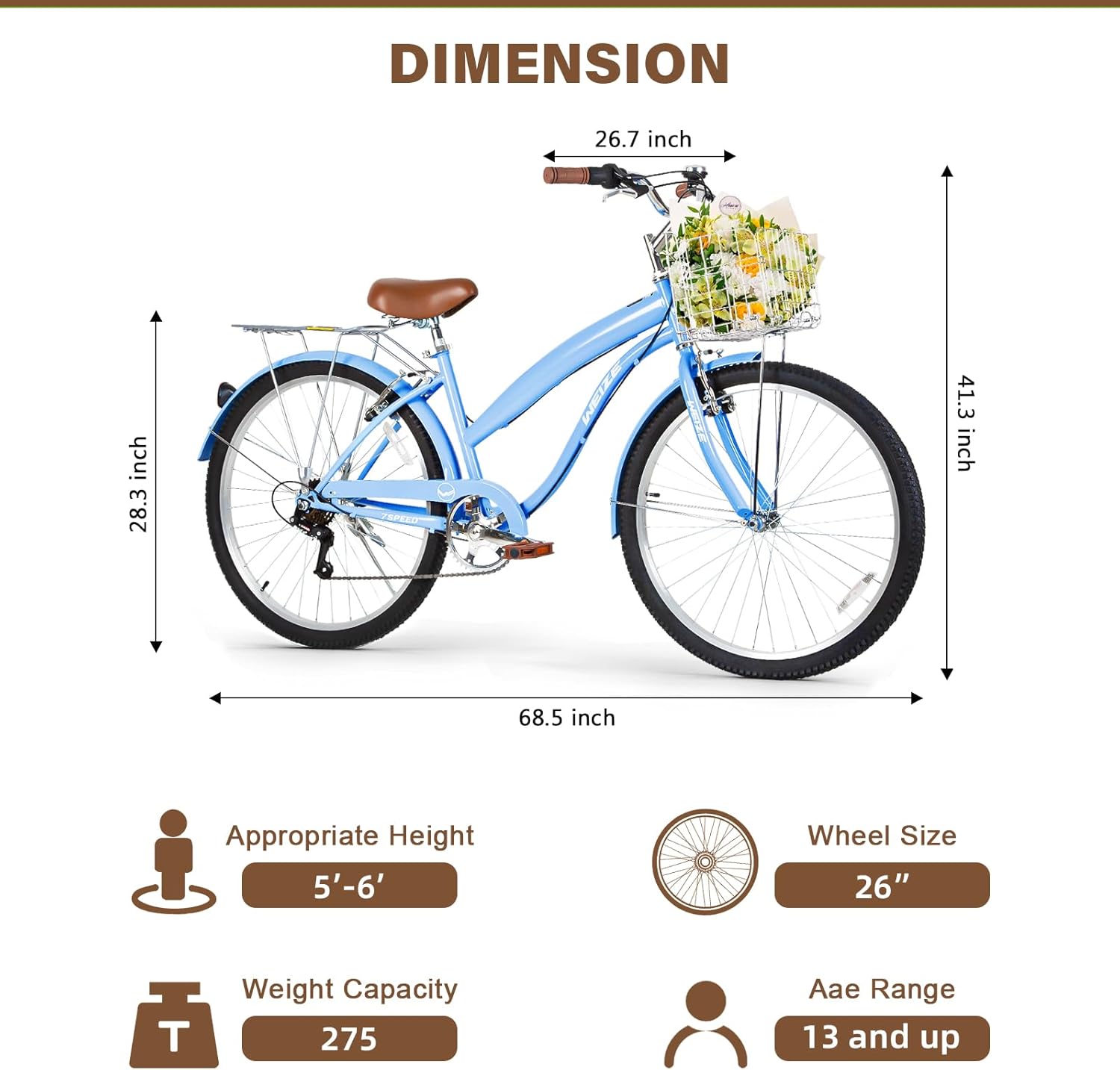 WEIZE Beach Cruiser Bike, 26 inch Commuter Bicycle for Adult, 7-Speed ...