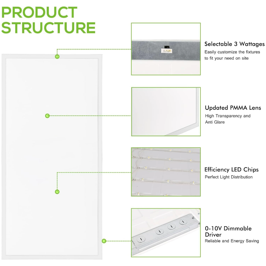 2x4 FT 50W/40W/30W White LED Flat Panel Troffer Light, 115LM/W, 5000K ...