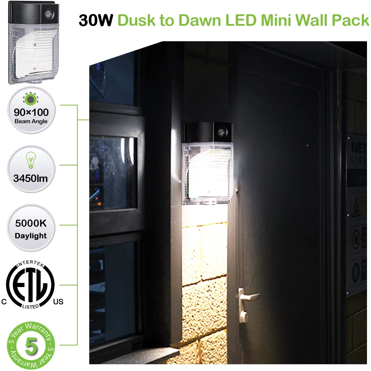 30W LED Wall Pack Light with Photocell, 3450LM 5000K – Hykolity