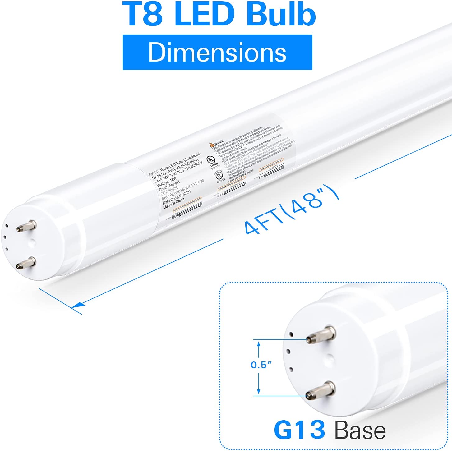 4FT 5000K LED T8 Hybrid Type A+B Light Tube, 18W, Plug & Play or Balla ...