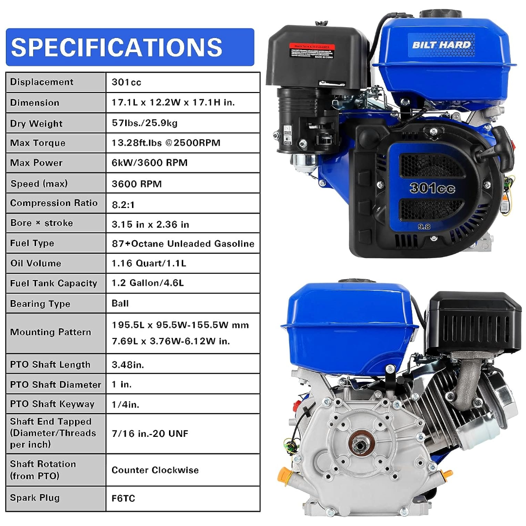 BILT HARD 301cc 10HP Gas Powered Engine, Horizontal 4 Stroke OHV Gas M ...