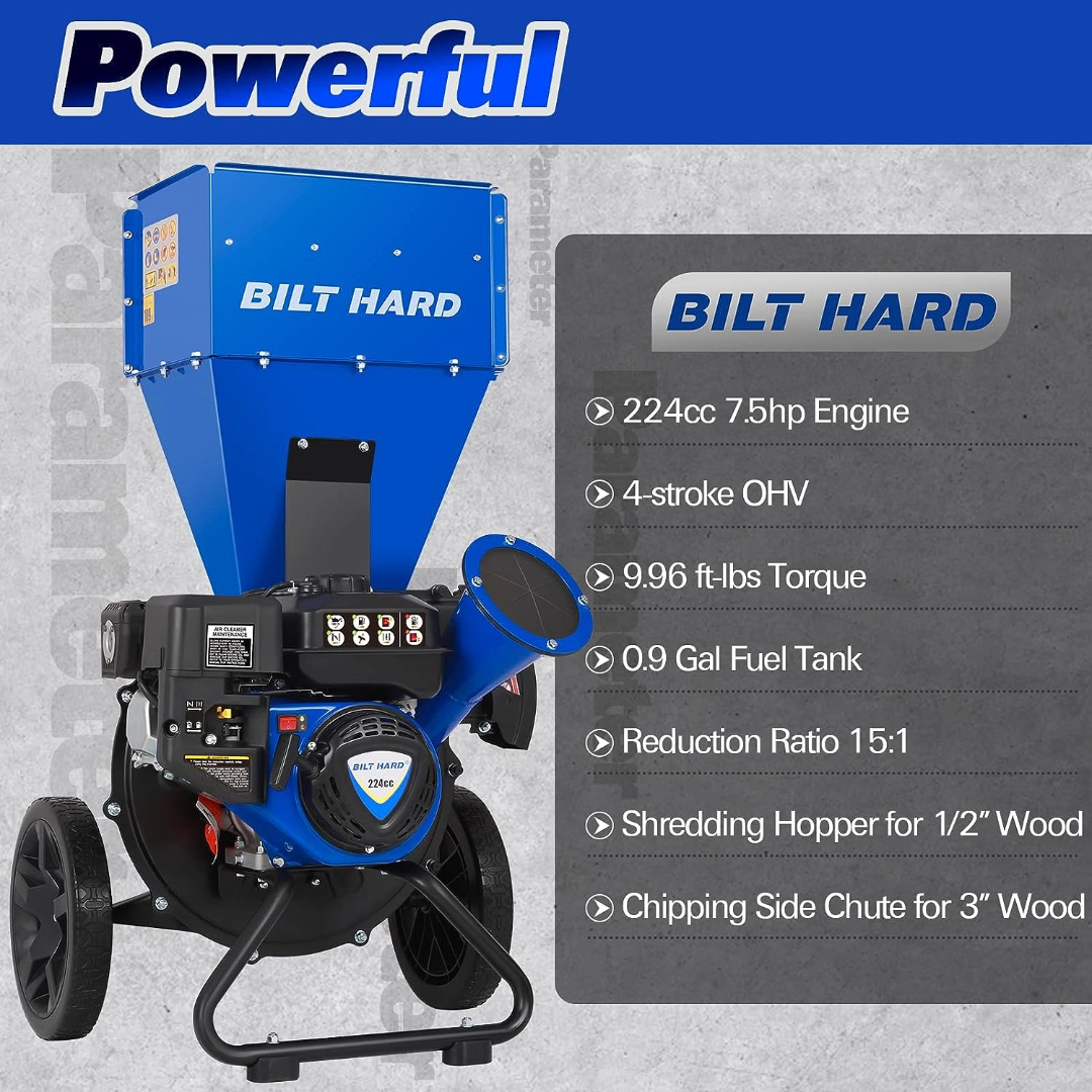 BILT HARD Wood Chipper - 7.5 HP 224cc Gas Powered Shredder Mulcher, 3 ...