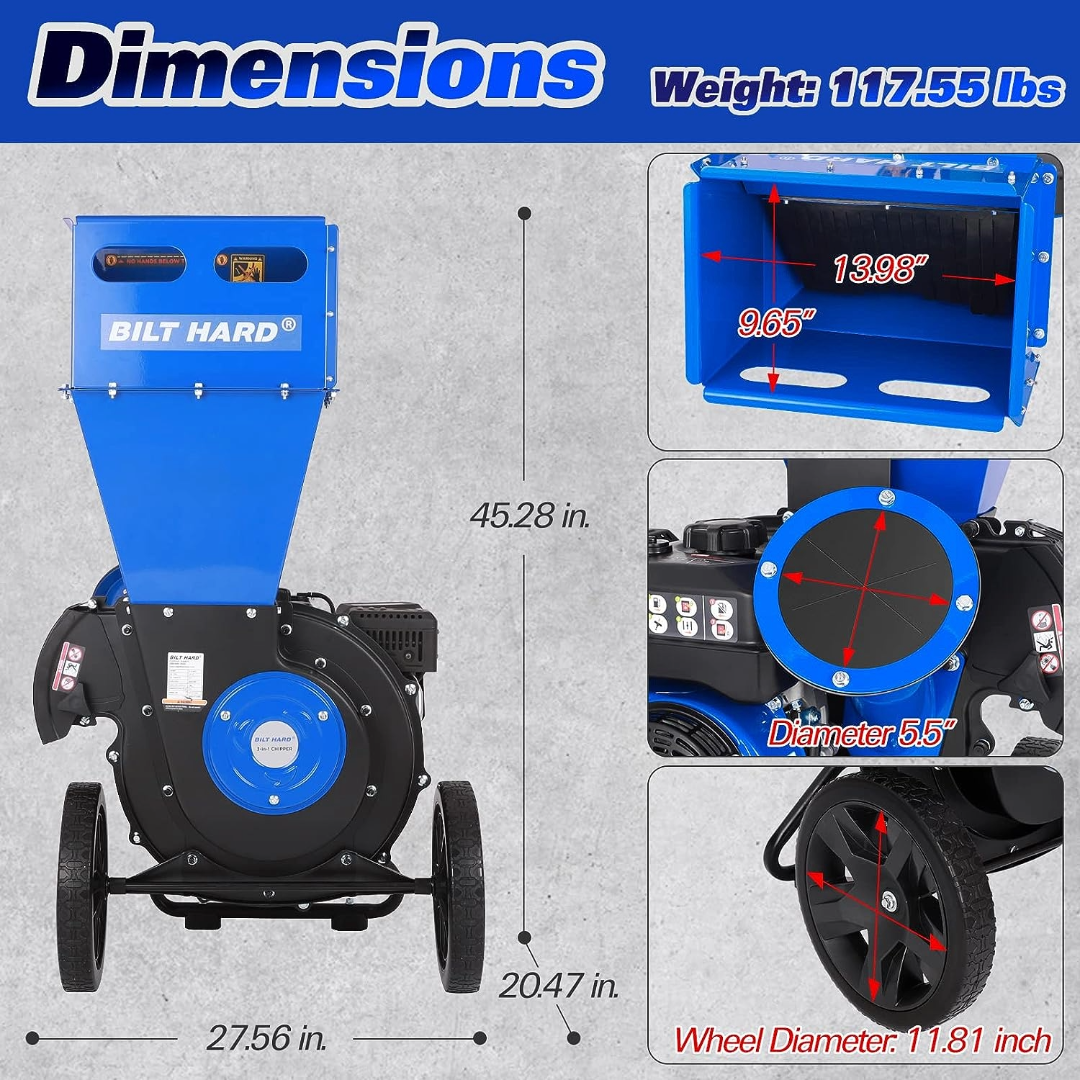 BILT HARD Wood Chipper - 7.5 HP 224cc Gas Powered Shredder Mulcher, 3 ...